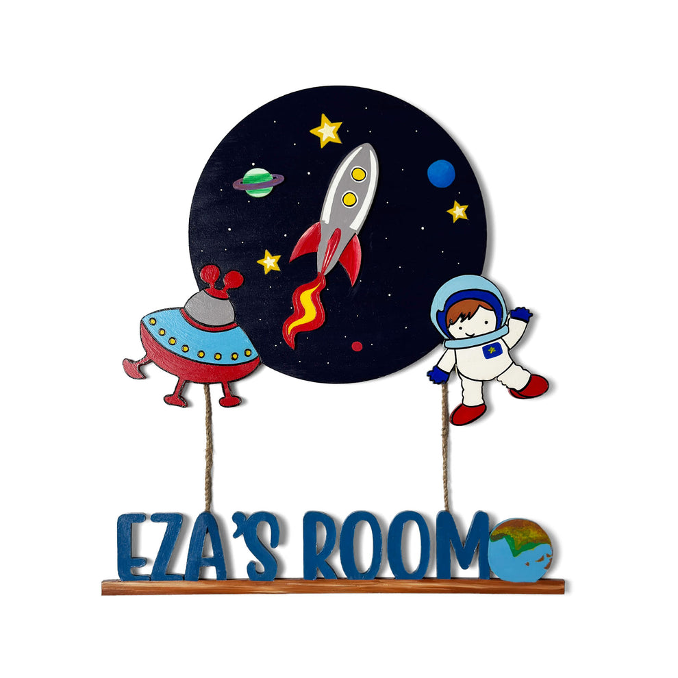Space Themed Hand-Painted Wooden Kids Name Plate – Plumeria